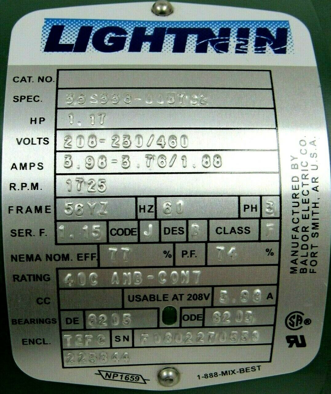 NEW LIGHTNIN 35S336-0087G2 MOTOR 1.17HP 1725 RPM 208-230/460 ...