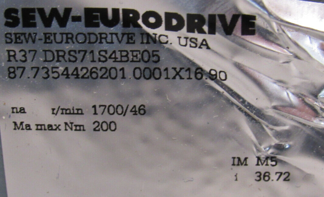 NEW SEW EURODRIVE R37 DRS71S4BE05 GEARMOTOR 36.72 R37DRS71S4BE05 - SB ...