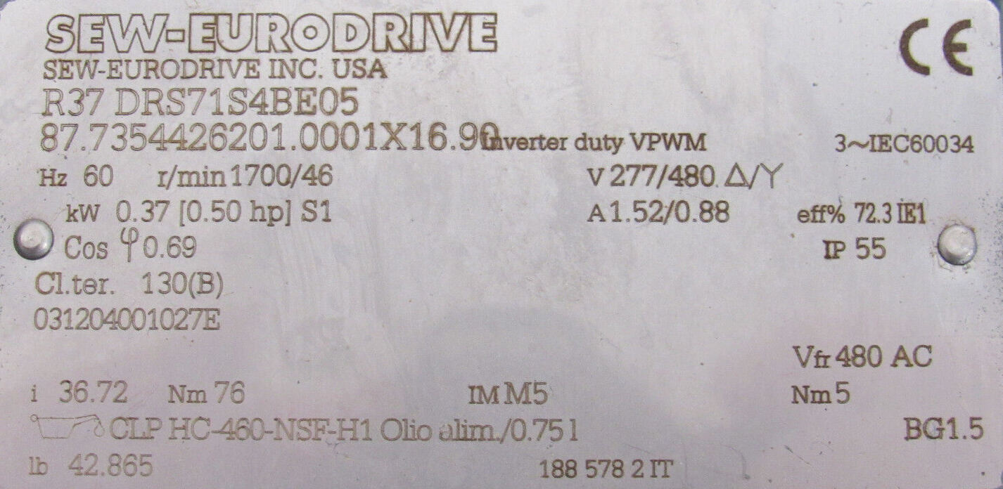 NEW SEW EURODRIVE R37 DRS71S4BE05 GEARMOTOR 36.72 R37DRS71S4BE05 - SB ...