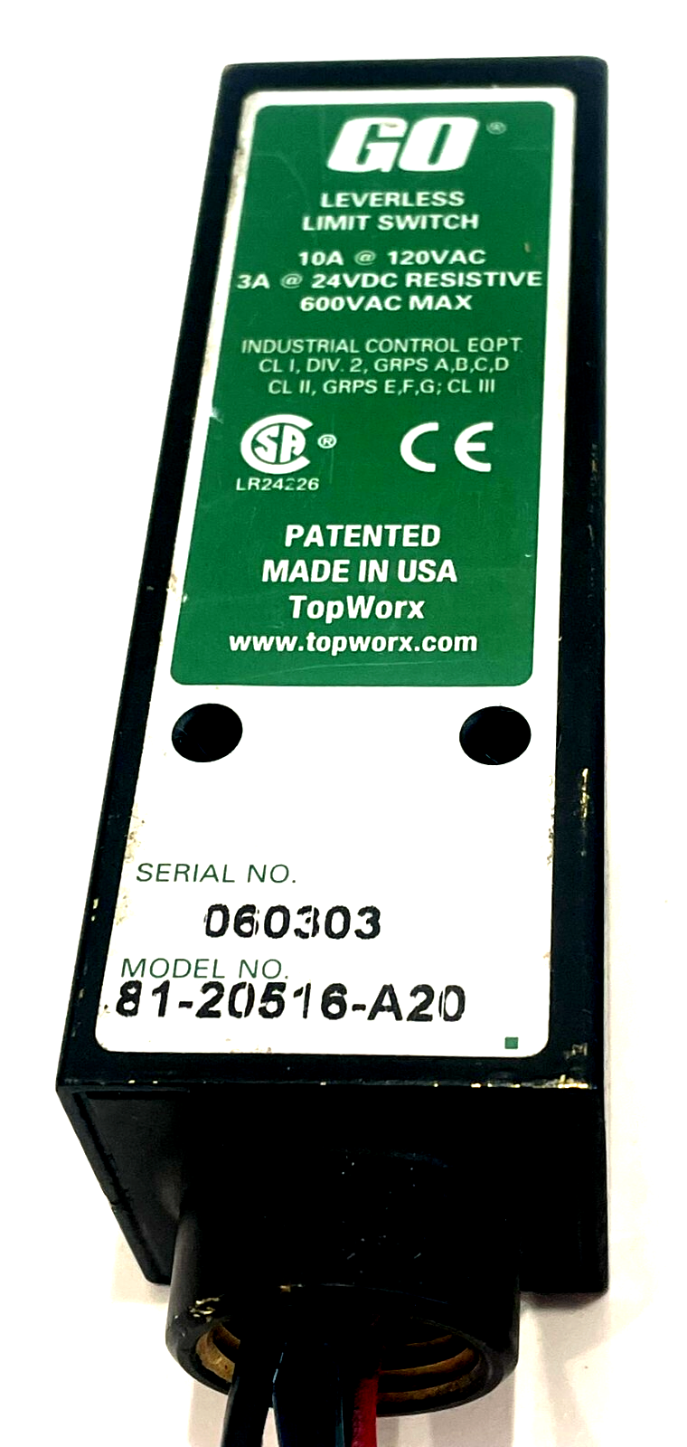 USED TOPWORX GO SWITCH 81-20516-A20 LEVERLESS LIMIT SWITCH 10A120VAC ...