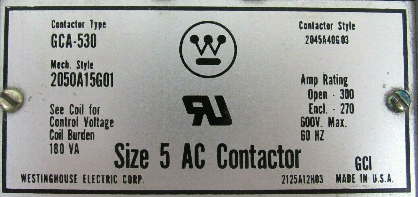 USED WESTINGHOUSE GCA-530 CONTACTOR SIZE 5 GCA530 2050A15G01 2045A40G03 ...