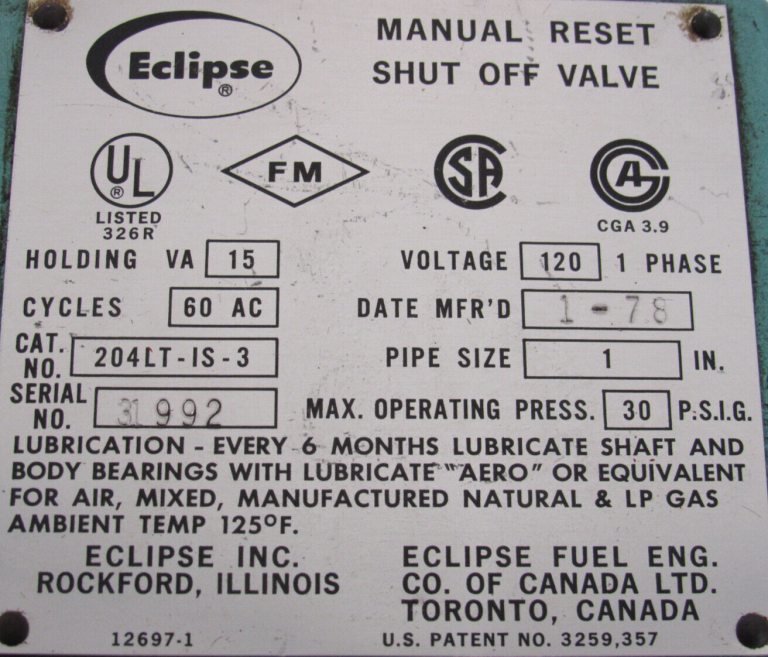 NEW ECLIPSE 204LT-IS-3 MANUAL RESET SHUTOFF VALVE 1" 204LTIS3 - SB ...