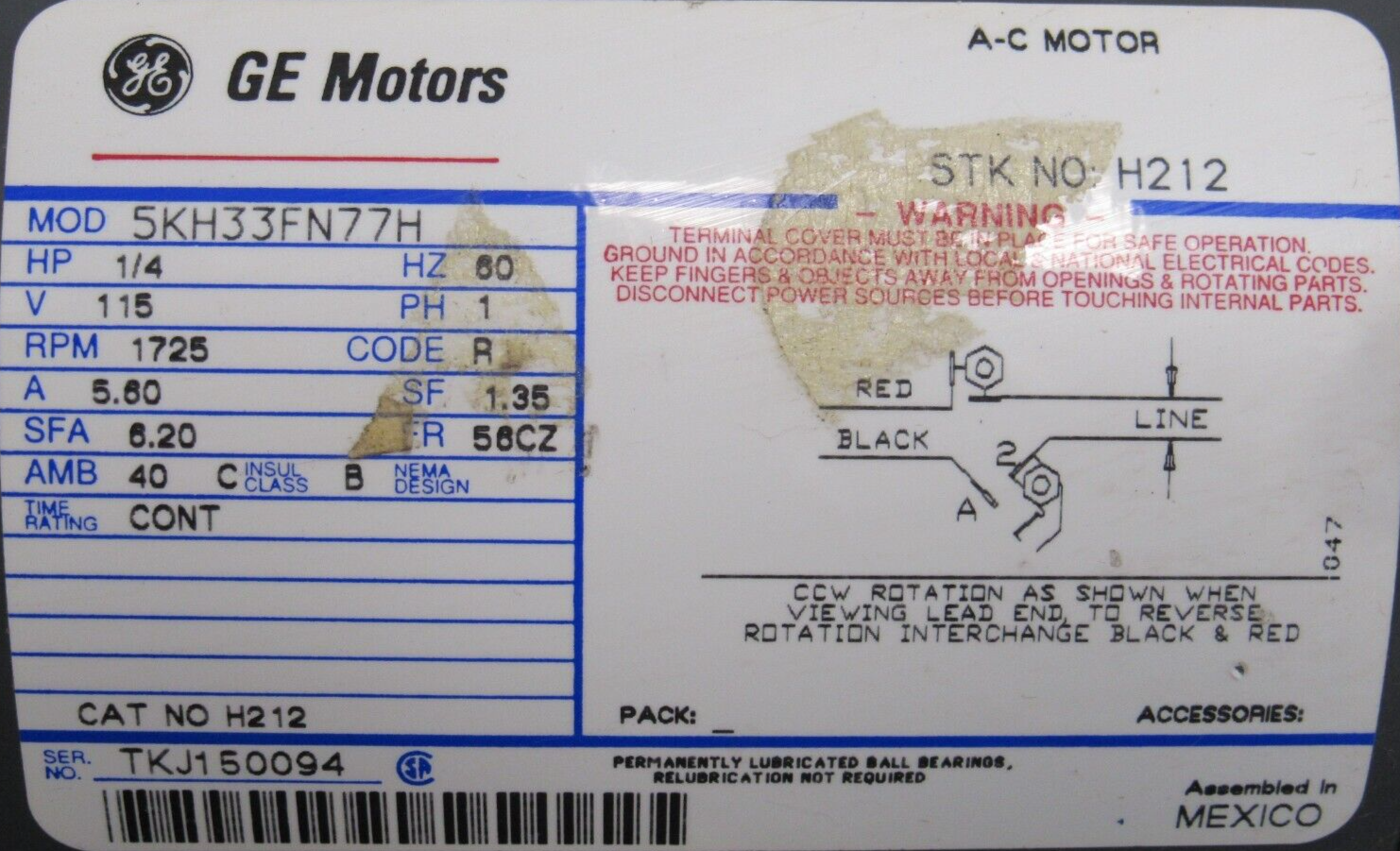 NEW GE MOTORS H212 BLOWER MOTOR 1/4HP 115V 1725 RPM - SB Industrial ...