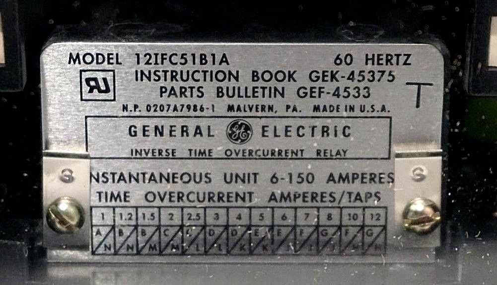 NEW GENERAL ELECTRIC 12IFC51B1A TIME OVERCURRENT RELAY IFC51B1A ...
