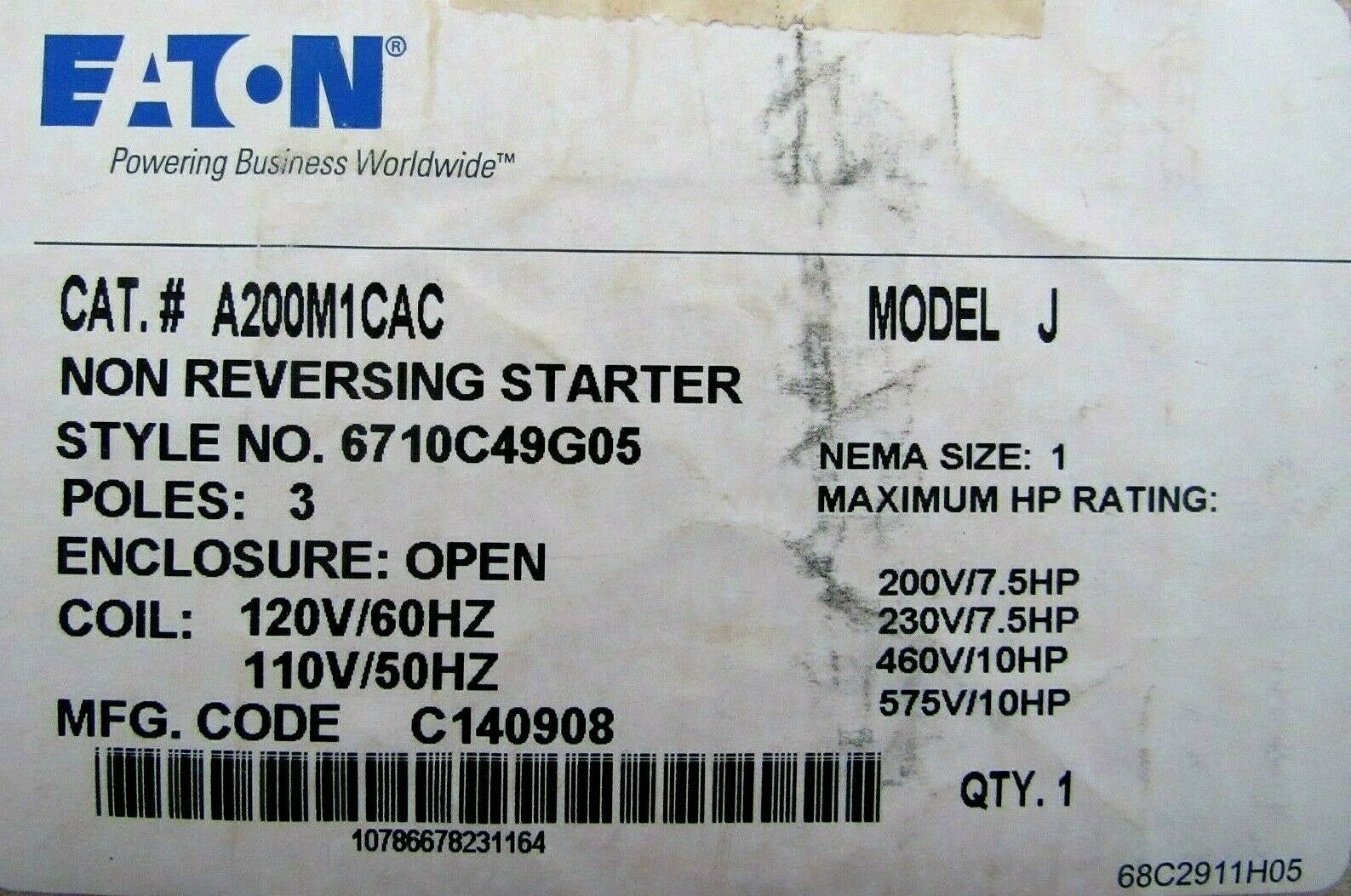NEW EATON A200M1CAC STARTER SIZE 1 6710C49G05 MODEL J - SB Industrial ...
