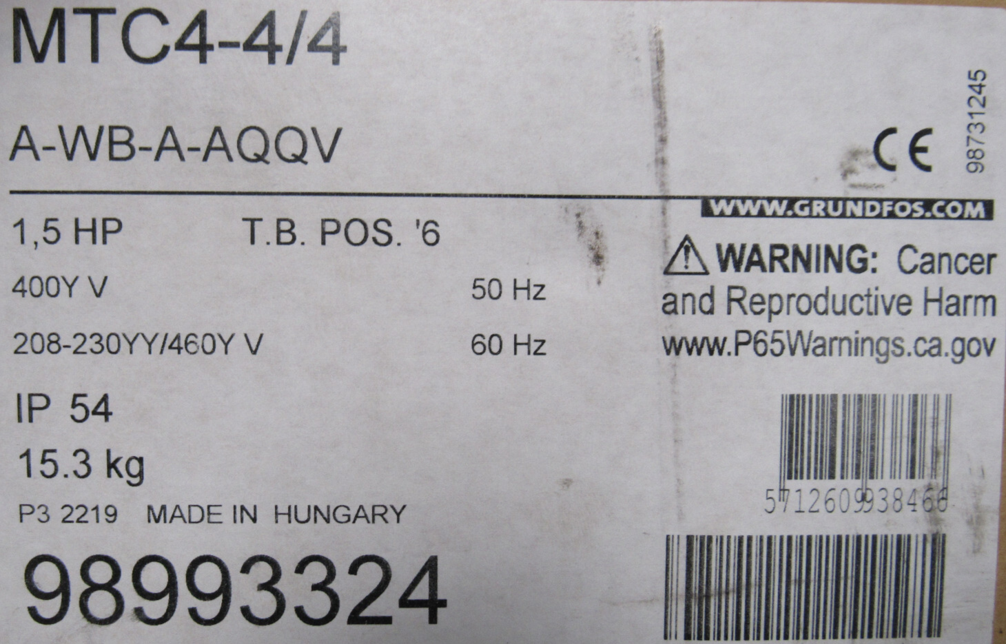 NEW GRUNFOS MTC4-4/4-A-WB-A-AOOV COOLANT PUMP 98993324 - SB Industrial ...