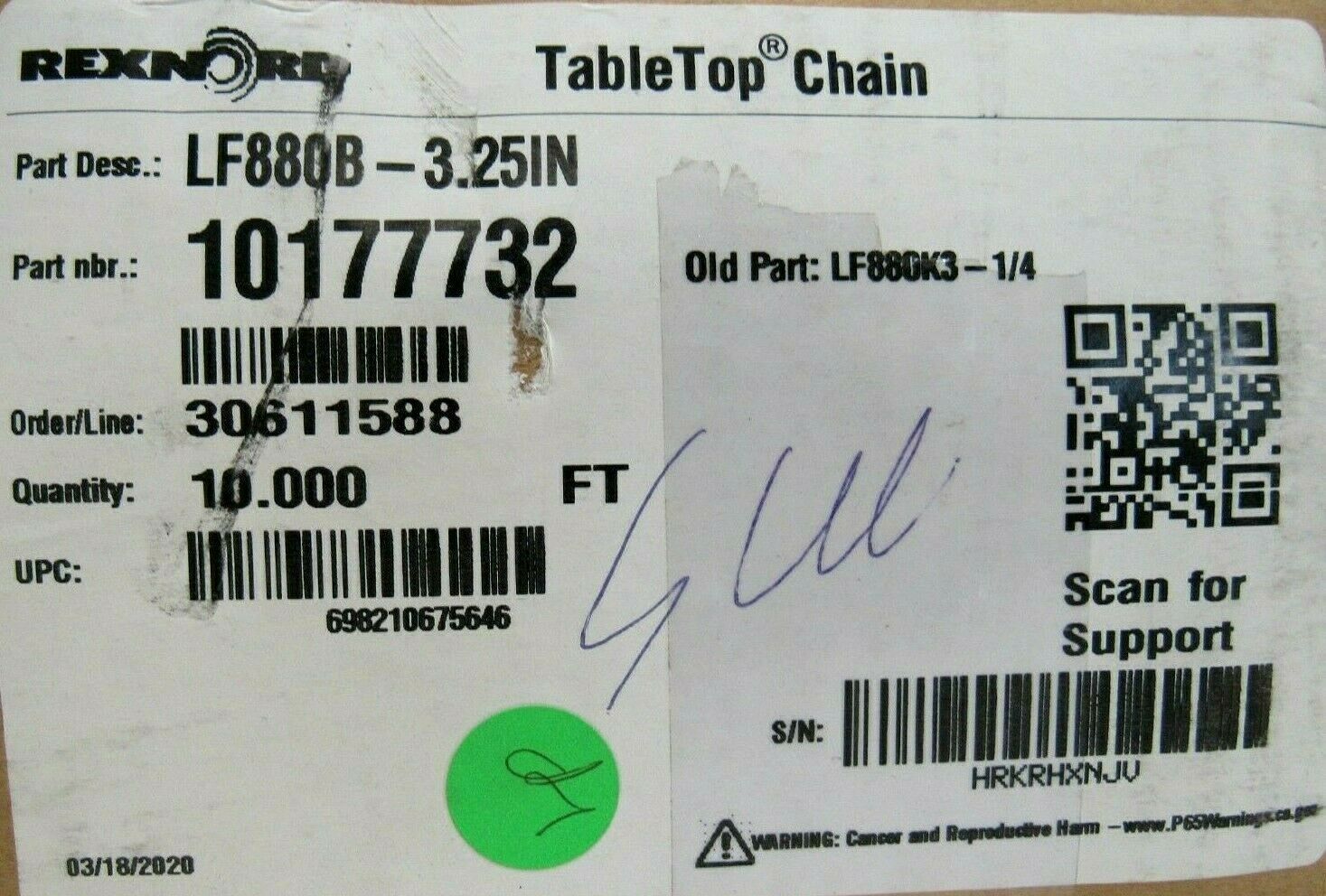 NEW REXNORD 10177732 TABLETOP CHAIN LF880B-3.25IN - SB Industrial ...