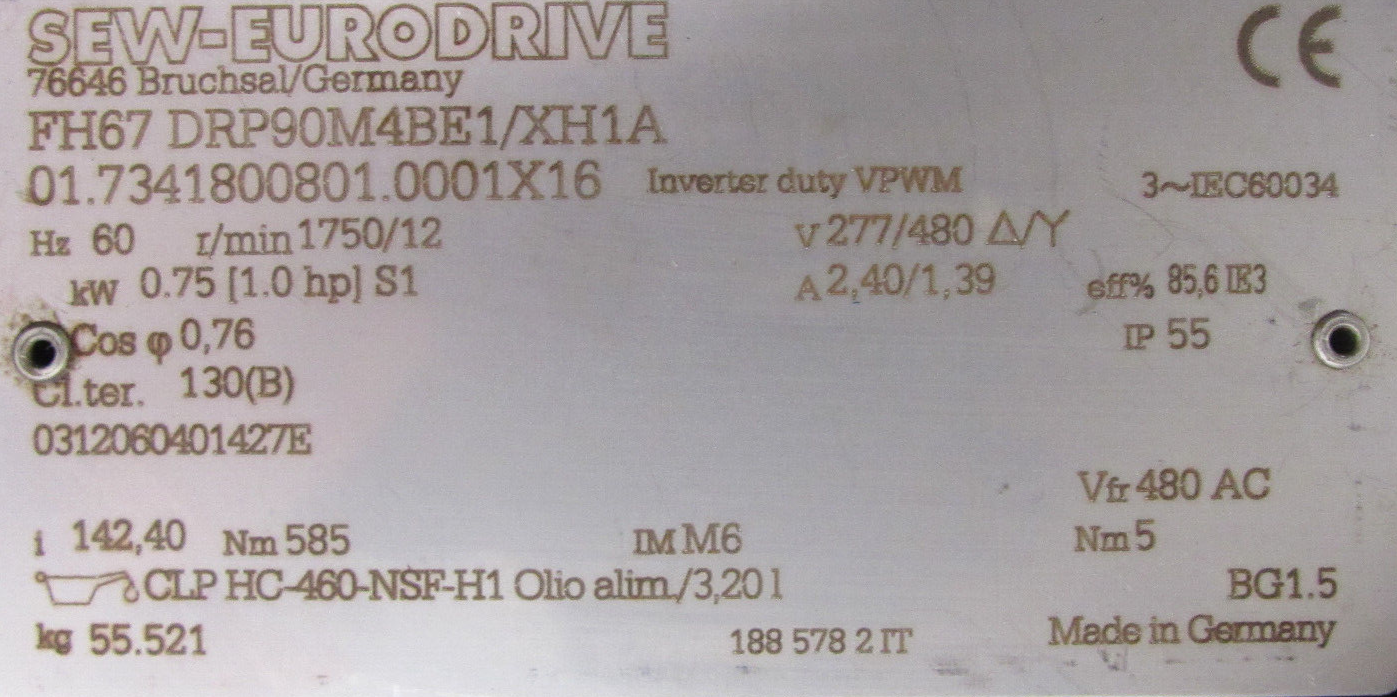 NEW SEW EURODRIVE FH67 DRP90M4BE1/XH1A GEARMOTOR 142.40 277/480V - SB ...