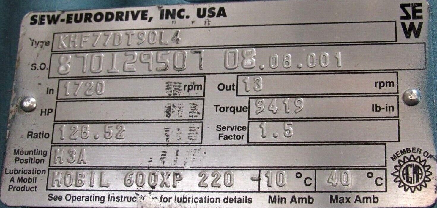 NEW SEW EURODRIVE KHF77DT90L4 GEARMOTOR DFT90L4 128.52:1 2HP - SB ...