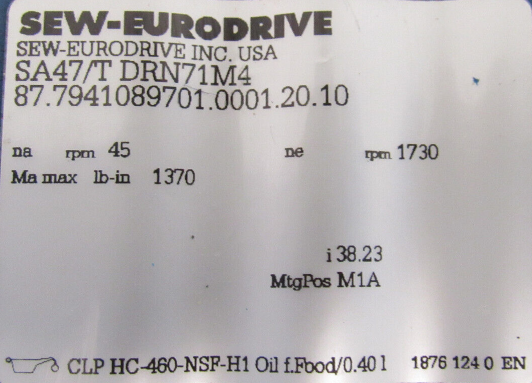 NEW SEW EURODRIVE SA47/T DRN71M4 GEARMOTOR 230/460V SA47TDRN71M4 - SB ...