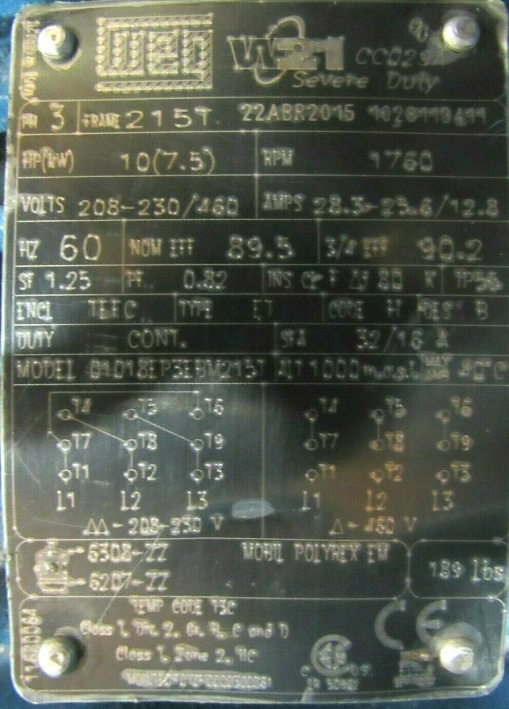 NEW WEG 01018EP3EBM215T BRAKE MOTOR 10HP 208-230/460V 1-3/8" DIA - SB ...