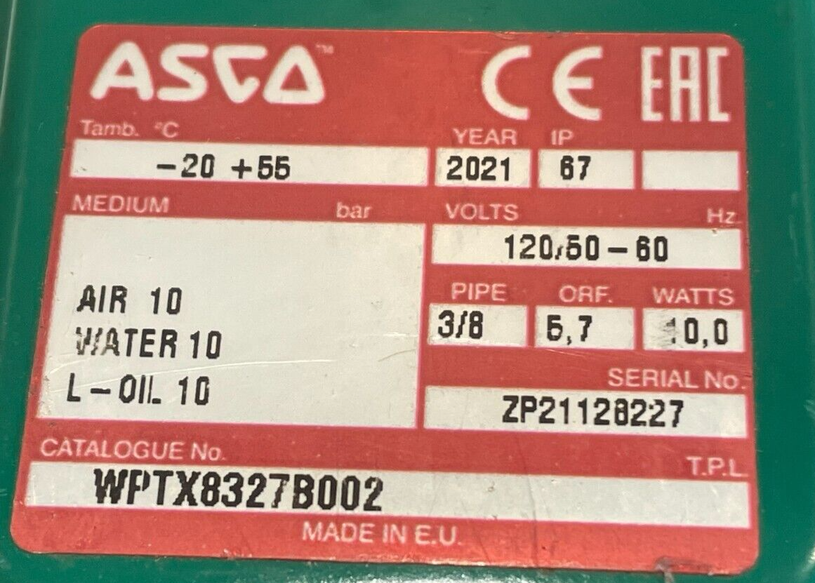 NEW ASCO WPTX8327B002 SOLENOID VALVE 120/50-60 - SB Industrial Supply, Inc.