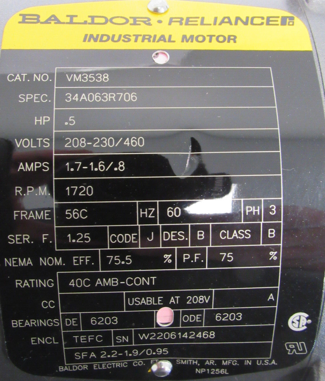 NEW BALDOR VM3538 MOTOR .5HP 208-230/460V 1720RPM 56C - SB Industrial ...