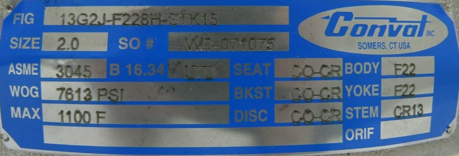 NEW CONVAL 13G2J-F228H-STK15 GLOBE VALVE SIZE 2.0 13G2JF228HSTK15 - SB ...