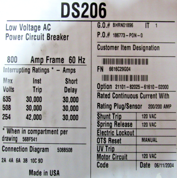 NEW EATON DS206 LOW VOLTAGE AC POWER CIRCUIT BREAKER 800A - SB ...