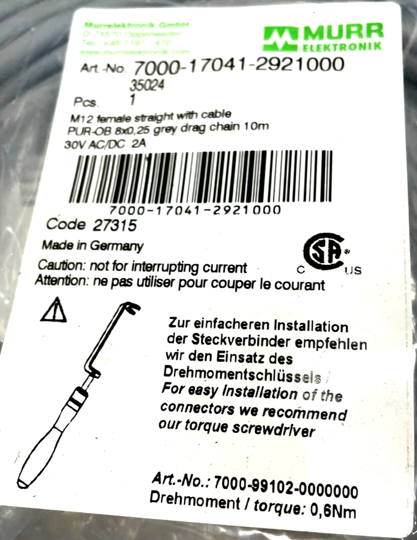 NEW MURR ELEKTRONIK 7000-17041-2921000 CONNECTION CABLE ...