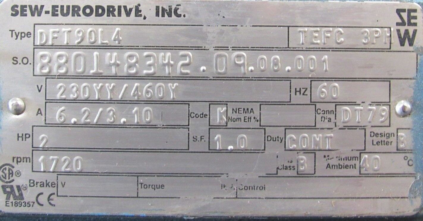NEW SEW EURODRIVE KF67DT90L4 GEAR MOTOR 48.77:1 2HP 230/460V DFT90L4 ...