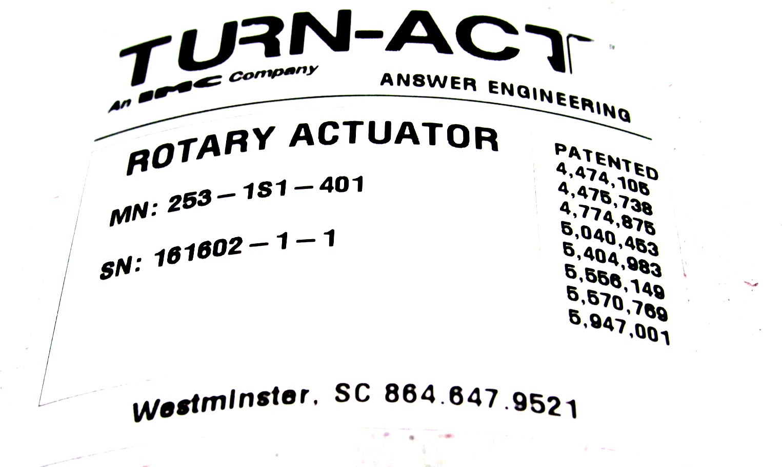 NEW TURN-ACT 253-1S1-401 ROTARY ACTUATOR 2531S1401 - SB Industrial Supply, Inc.