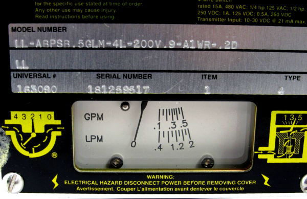 NEW UNIVERSAL FLOW MONITOR LL-ABPSB.5GLM-4L-200V.9-A1WR-.2D FLOW METER ...