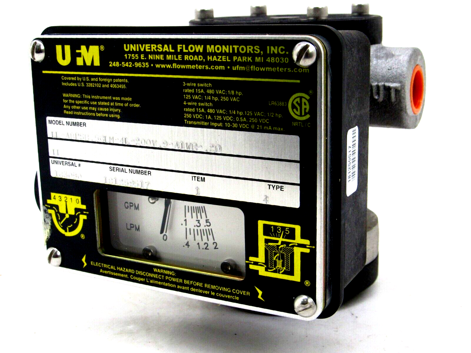 NEW UNIVERSAL FLOW MONITOR LL-ABPSB.5GLM-4L-200V.9-A1WR-.2D FLOW METER ...