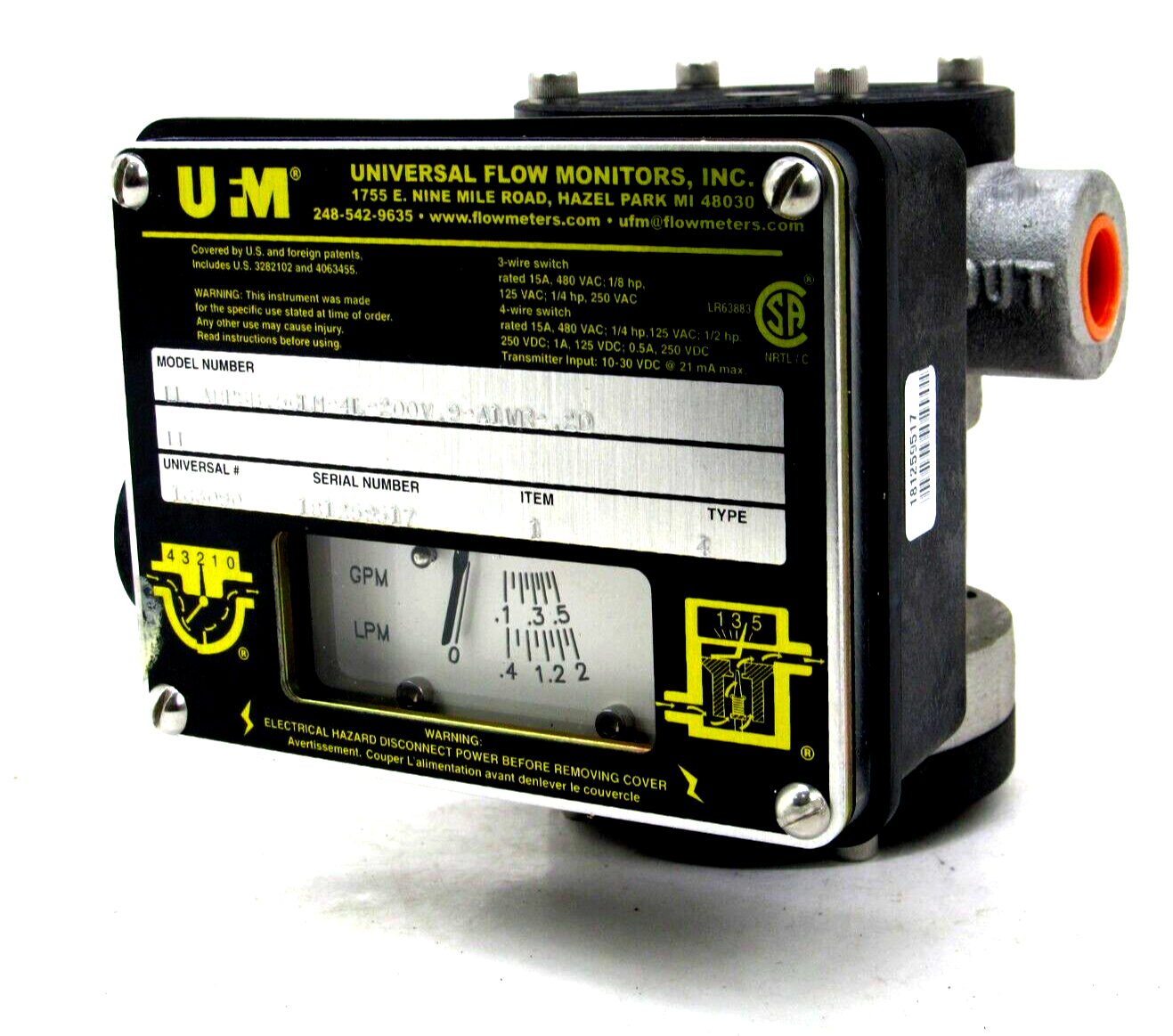 NEW UNIVERSAL FLOW MONITOR LL-ABPSB.5GLM-4L-200V.9-A1WR-.2D FLOW METER ...