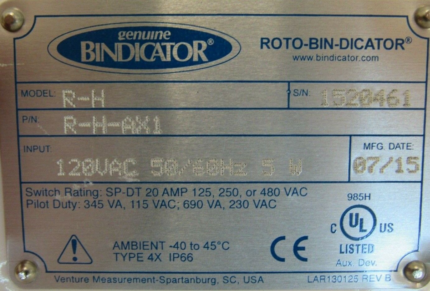 NEW BINDICATOR R-H-AX1 LEVEL SWITCH RHAX1 - SB Industrial Supply, Inc.