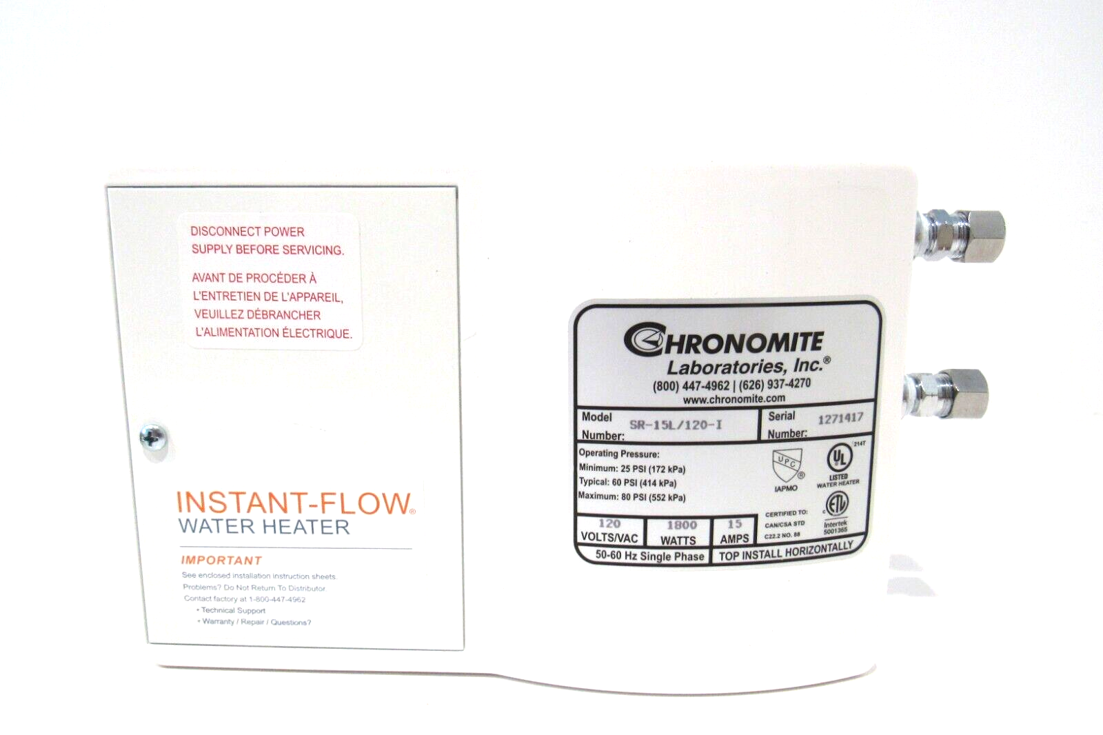 NEW CHRONOMITE SR-15L/120-I TANKLESS WATER HEATER SR15L120I - SB Industrial Supply, Inc.