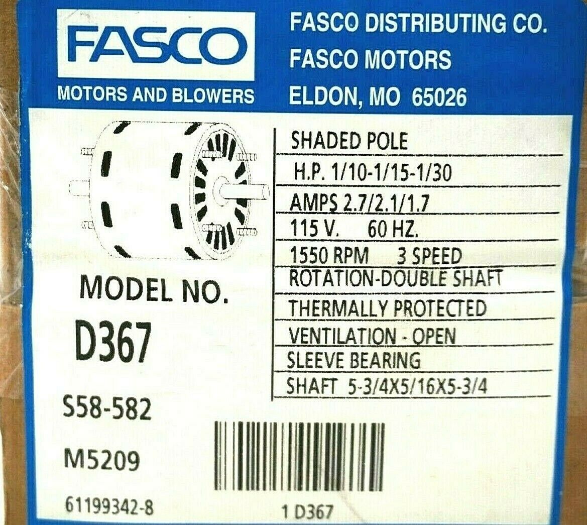 NEW FASCO MODEL D367 MOTOR 115V 60HZ 1550 RPM - SB Industrial Supply, Inc.