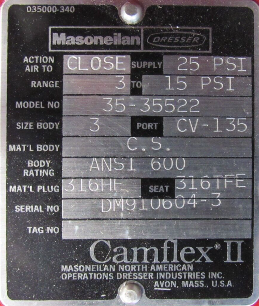 NEW MASONEILAN 35-35522 CAMFLEX II CONTROL VALVE SIZE 3 3-15 PSI ...