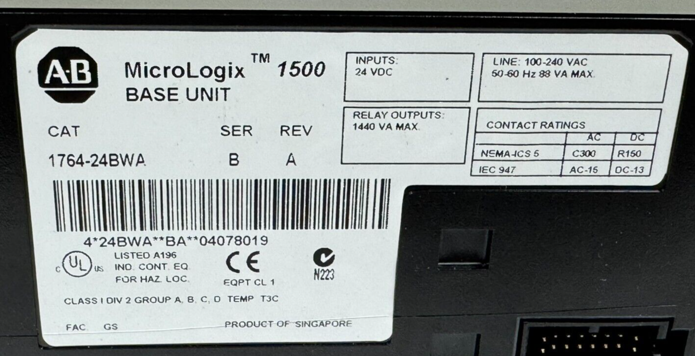 ALLEN BRADLEY 1764-24BWA MICROLOGIX 1500 BASE UNIT SER. B REV. A ...