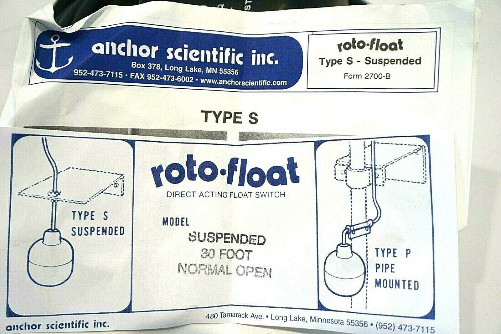 NEW ANCHOR SCIENTIFIC ROTO-FLOAT TYPE S FLOAT SWITCH 2700-B 30' - SB ...