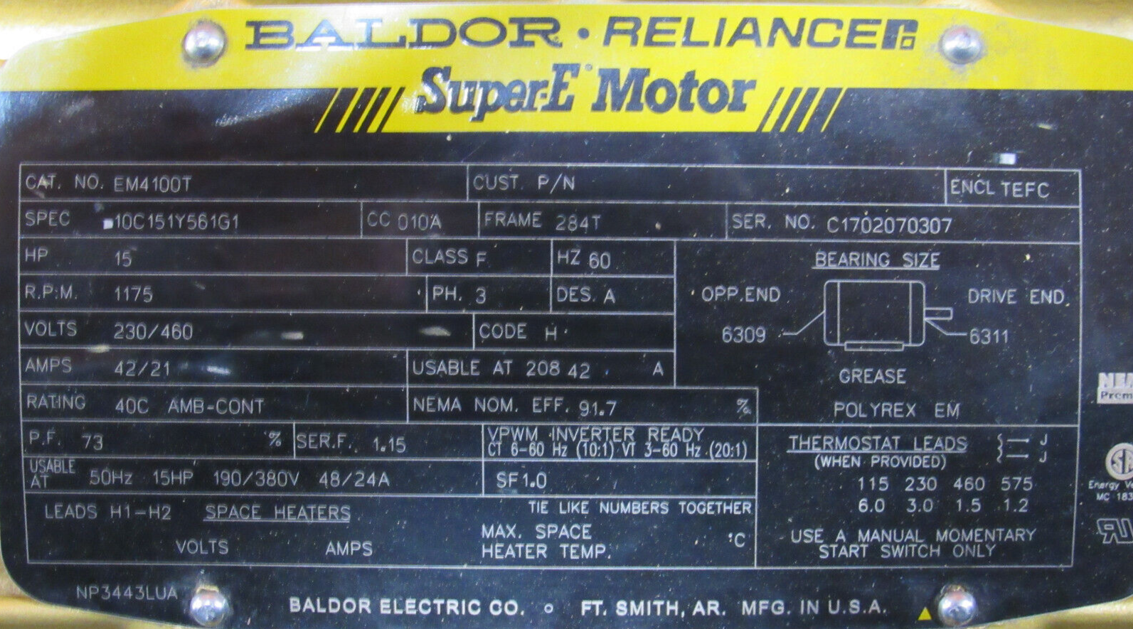 NEW BALDOR EM4100T MOTOR 15HP 230/460V 1175RPM 230/460V 284T - SB ...