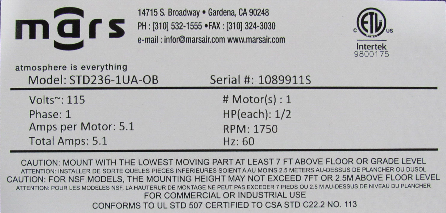 NEW MARS STD236-1UA-OB AIR CURTAIN 36" 115V .5HP STD2361UAOB - SB ...