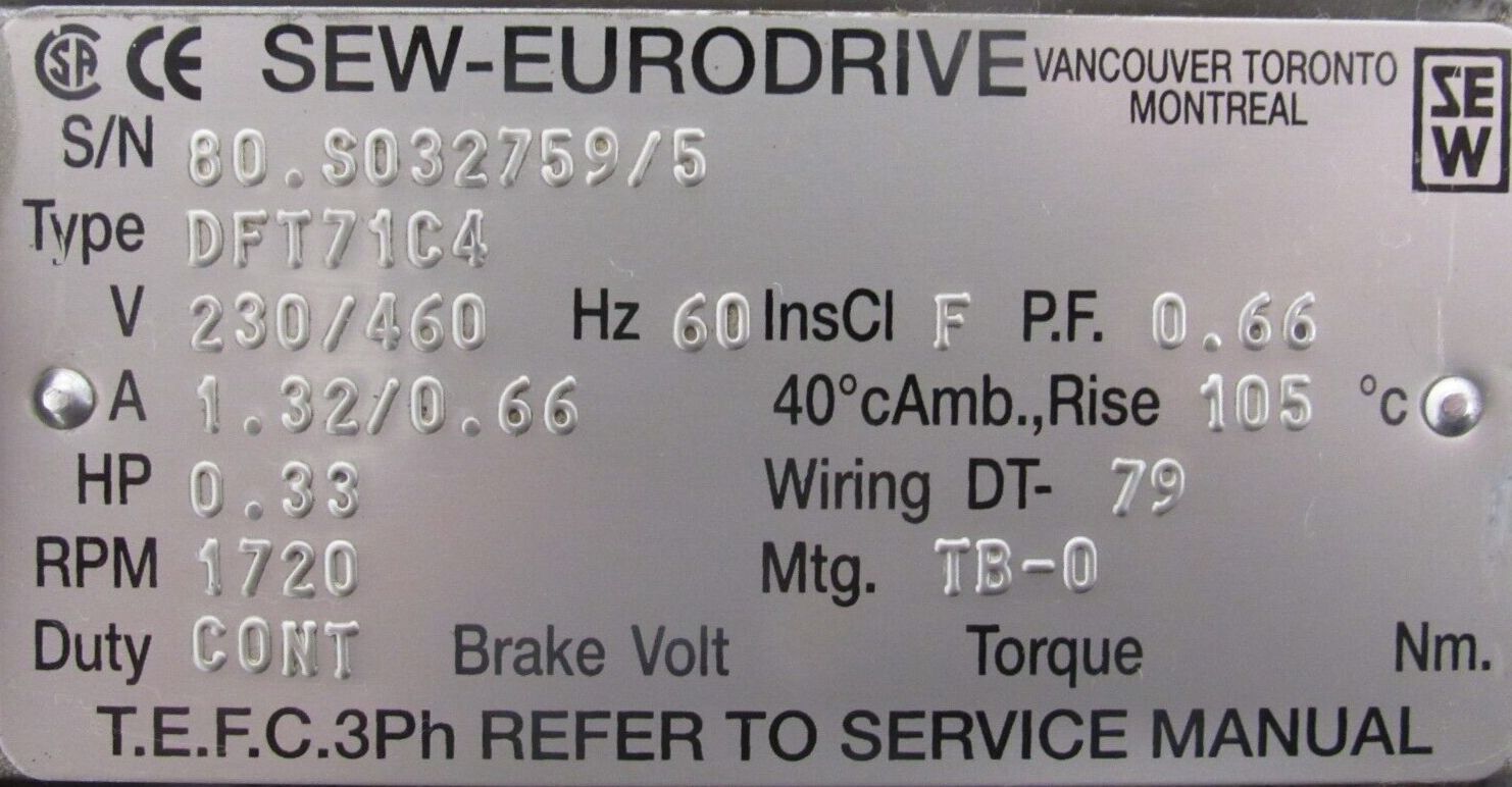 NEW SEW EURODRIVE SA37DT71C4 GEARMOTOR DFT71C4 230/460V 35.10:1 - SB ...