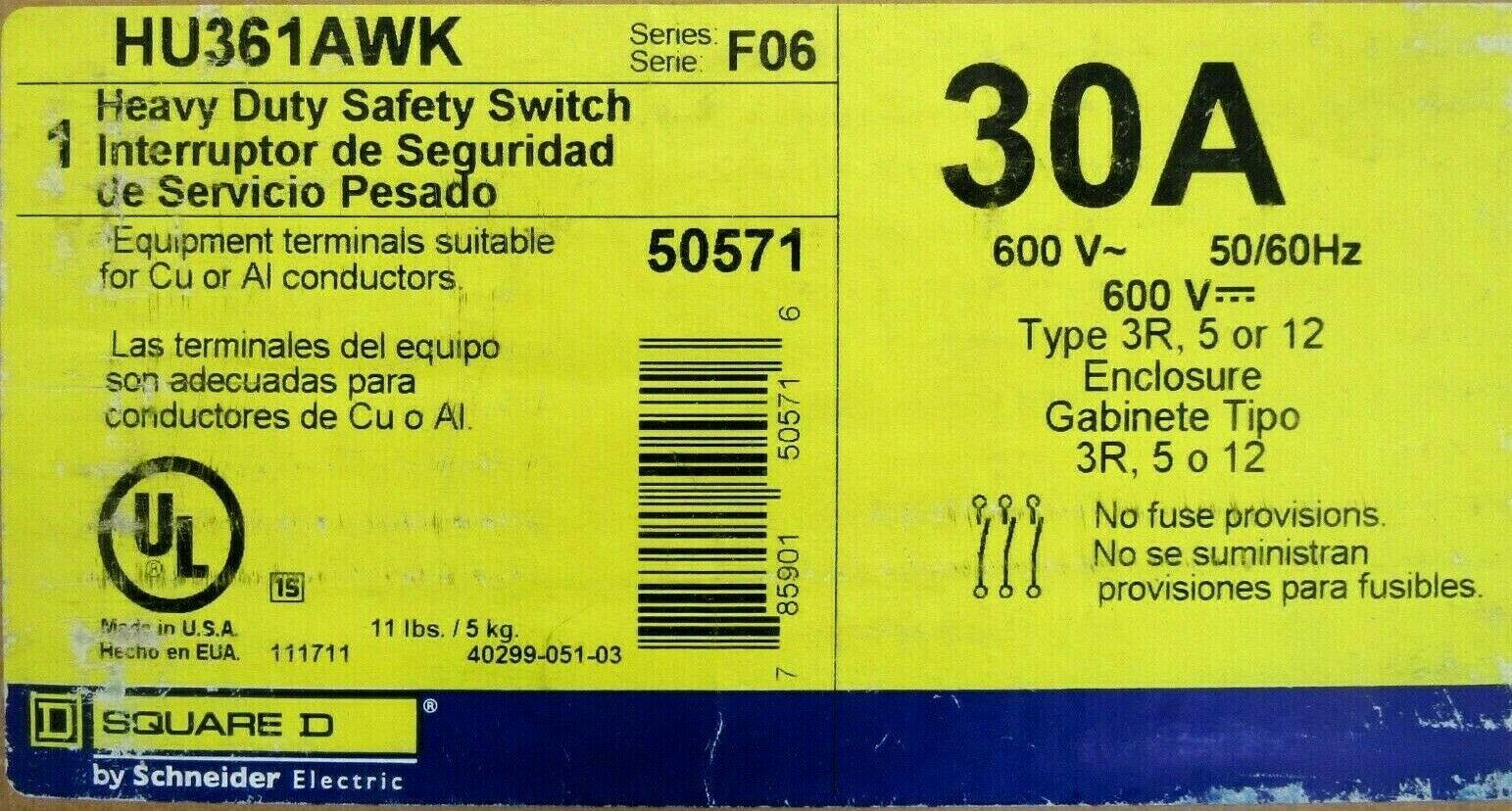 NEW SQUARE D HU361AWK SAFETY SWITCH 30A 600V SER. F06 - SB Industrial ...