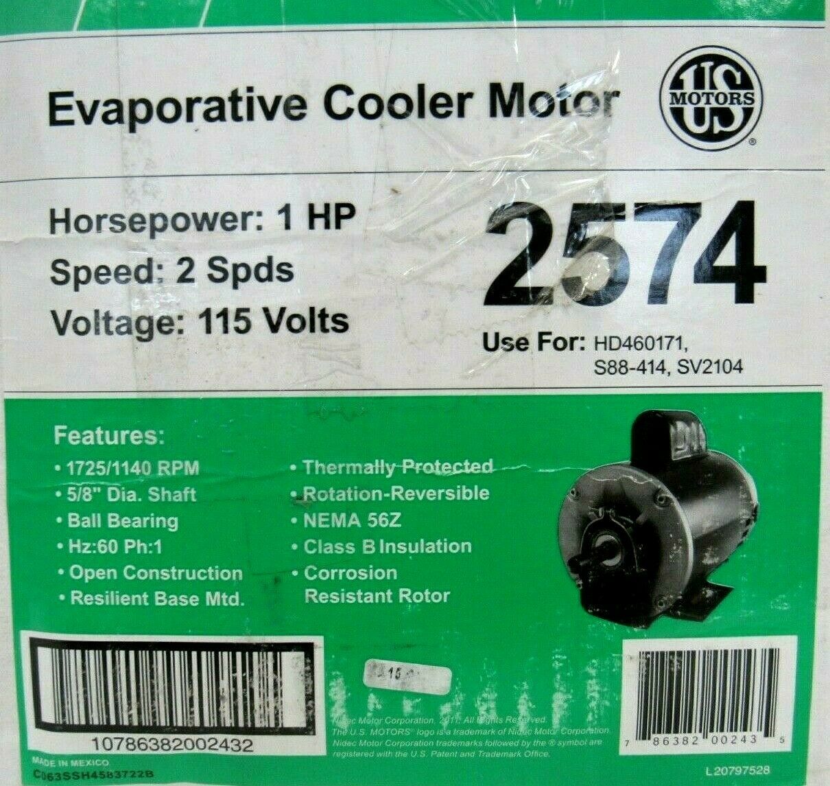 NEW US MOTORS 2574 MOTOR 1HP 115V 1725/1140 RPM RP9068X100 - SB ...