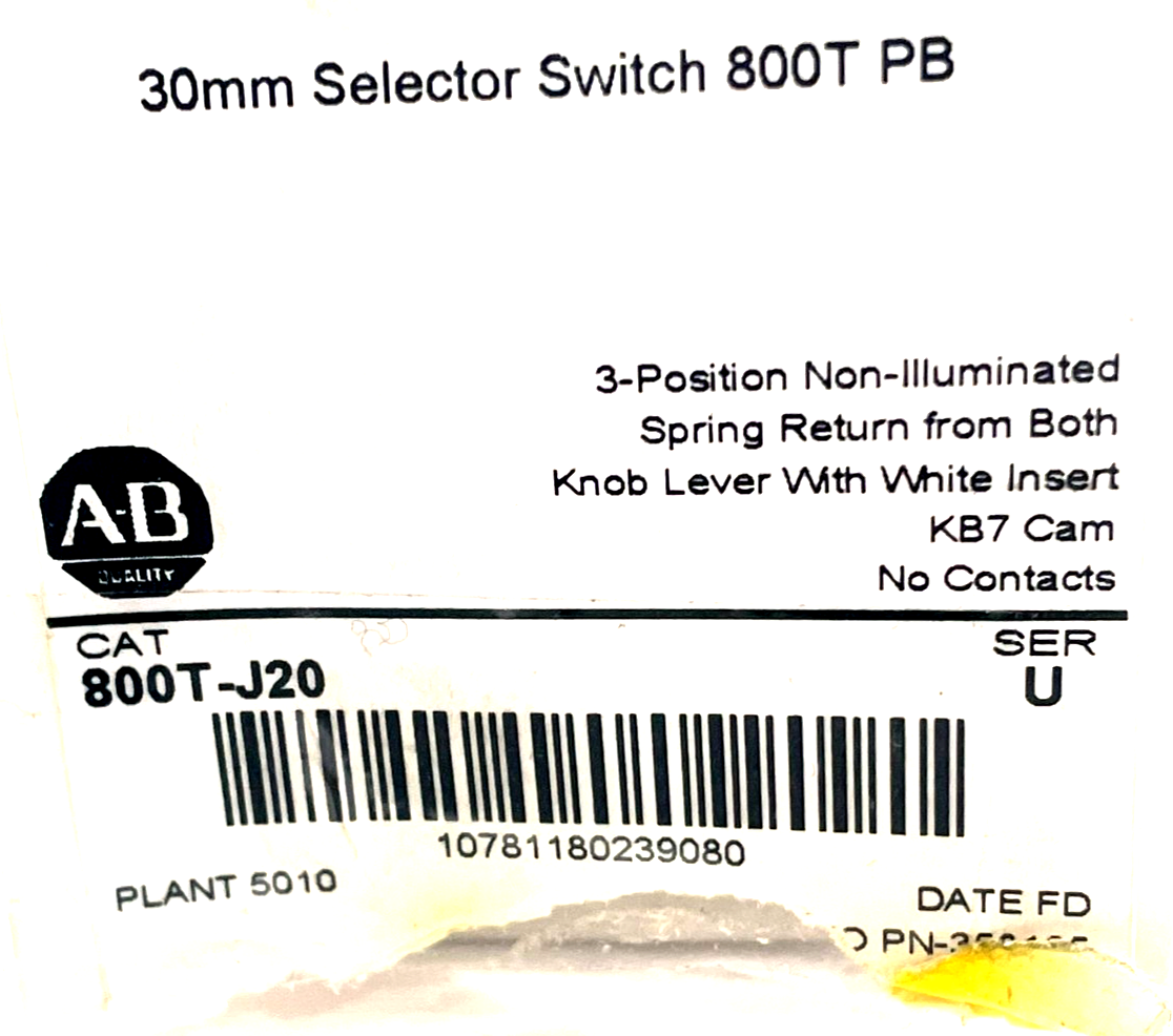 ALLEN BRADLEY 800T-J20 SELECTOR SWITCH SWITCH SER. U 800TJ20 NEW ...