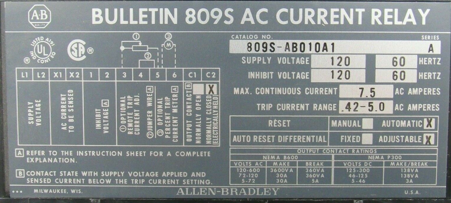 NEW ALLEN BRADLEY 809S-AB010A1 AC CURRENT RELAY SER A 120V 809SAB010A1 ...