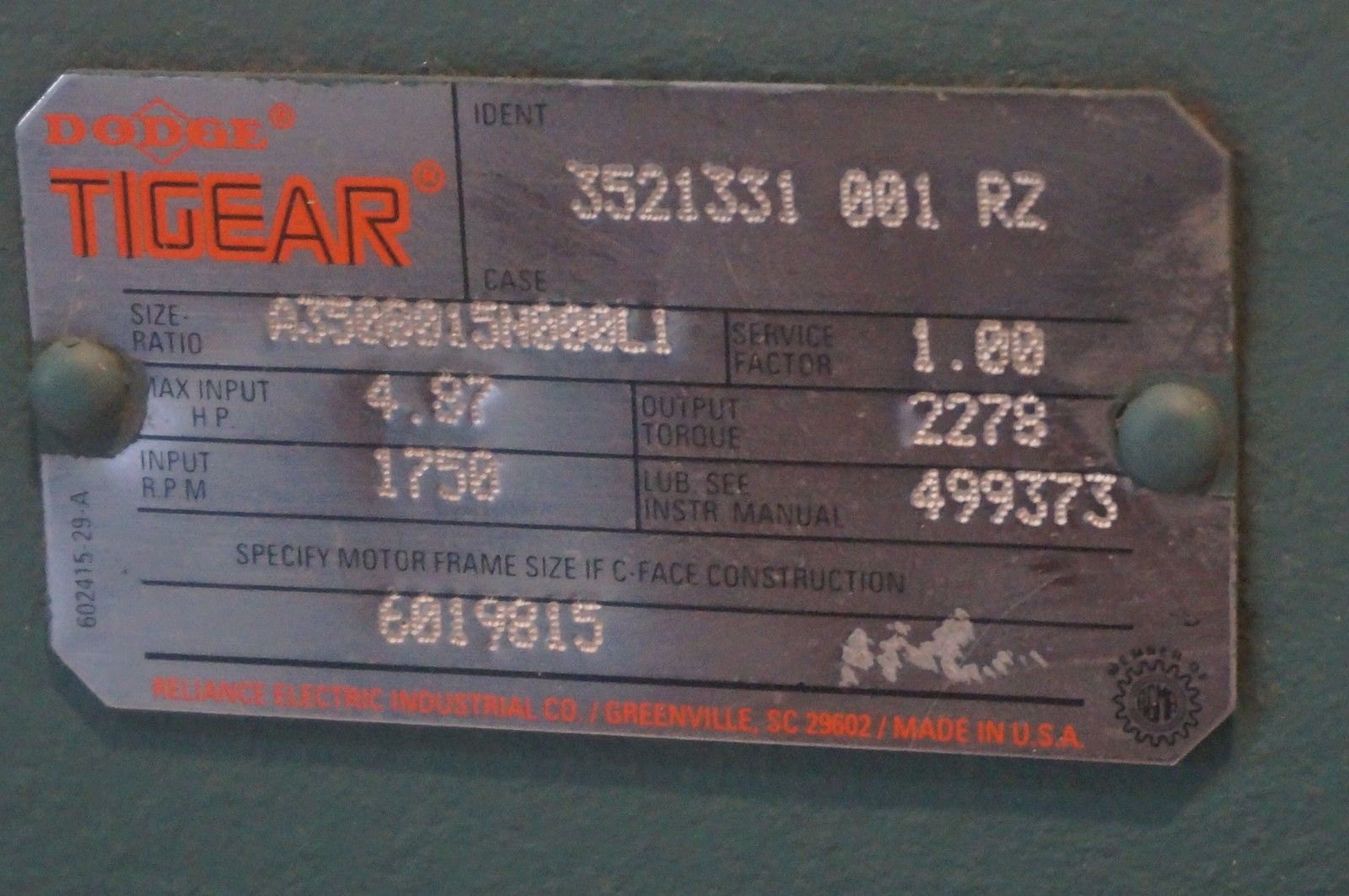 NEW DODGE TIGEAR 3521331 001 RZ REDUCER SIZE RATIO A350B015N000L1 ...