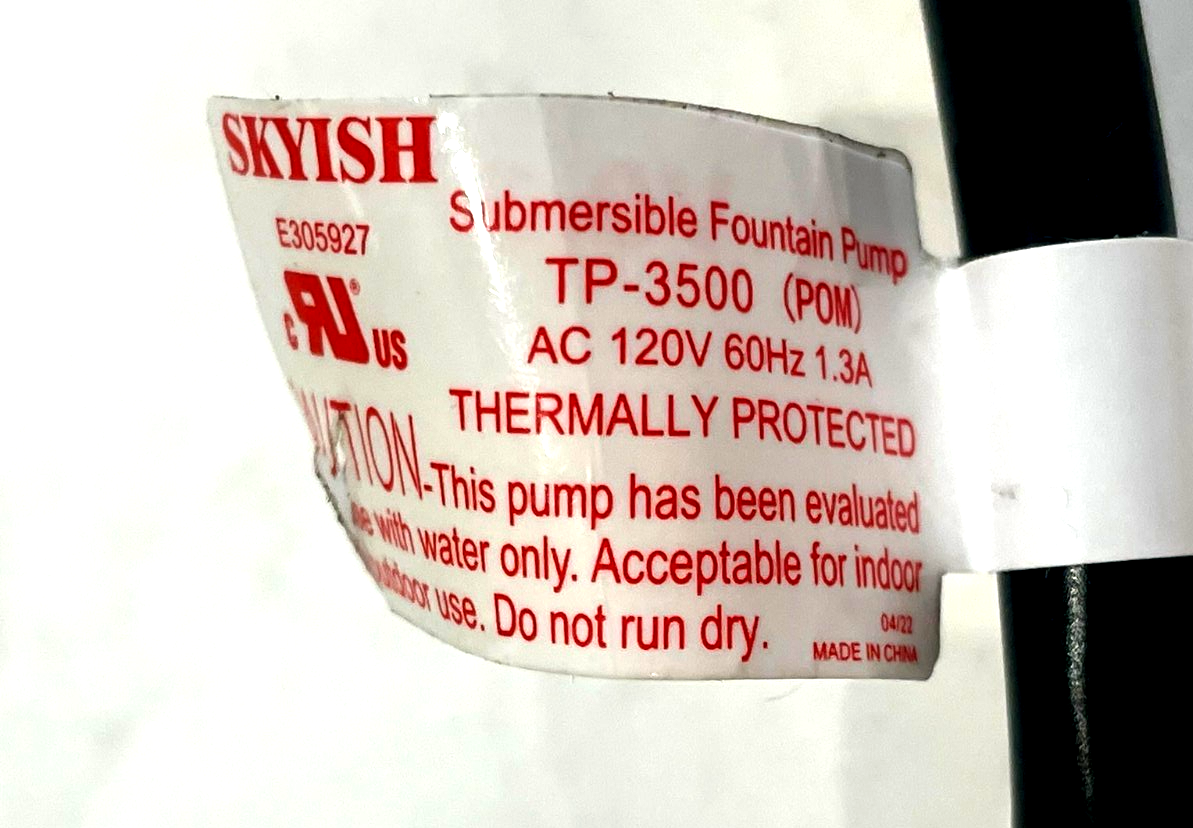 NEW SKYISH TP-3500 SUBMERSIBLE FOUNTAIN PUMP TP3500 120V 60HZ 1.3A - SB ...
