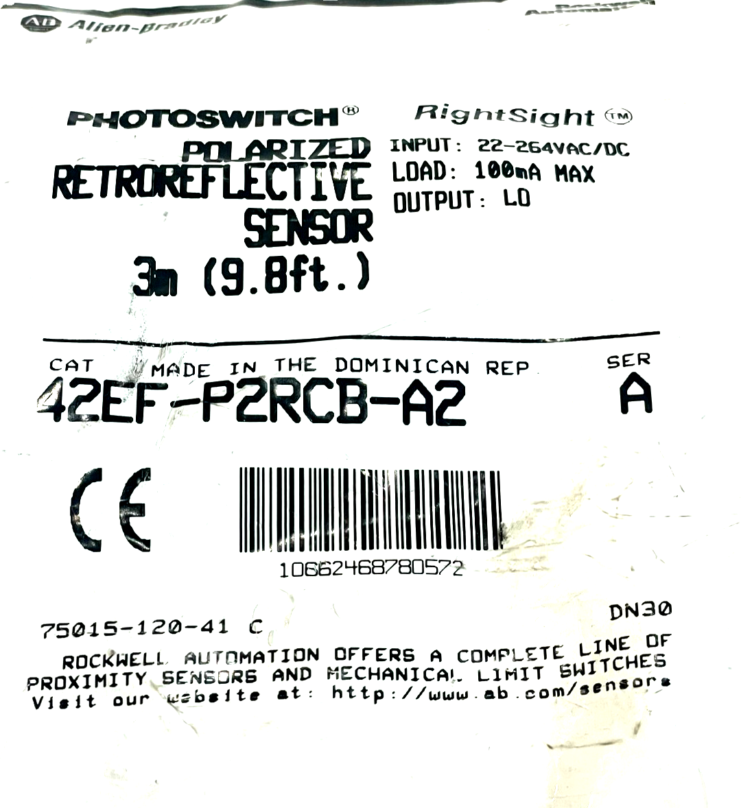 A / B 42EF-P2RCB-A2 POLARIZED RETROREFLECTIVE SENSOR 42EFP2RCBA2 NEW ...