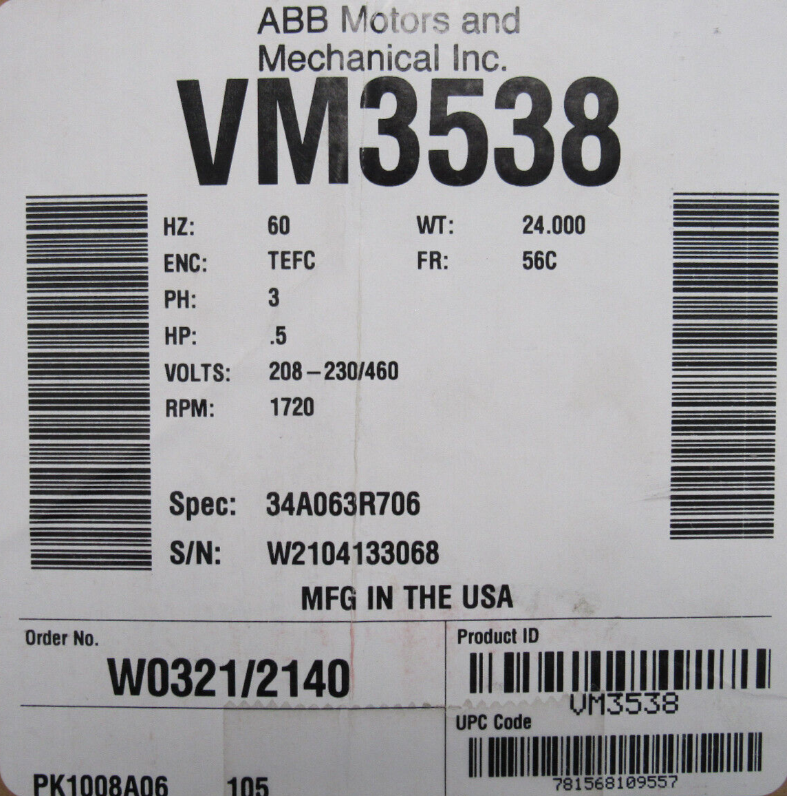 NEW BALDOR VM3538 MOTOR .5HP 1720RPM 208-230/460V 56C - SB Industrial ...