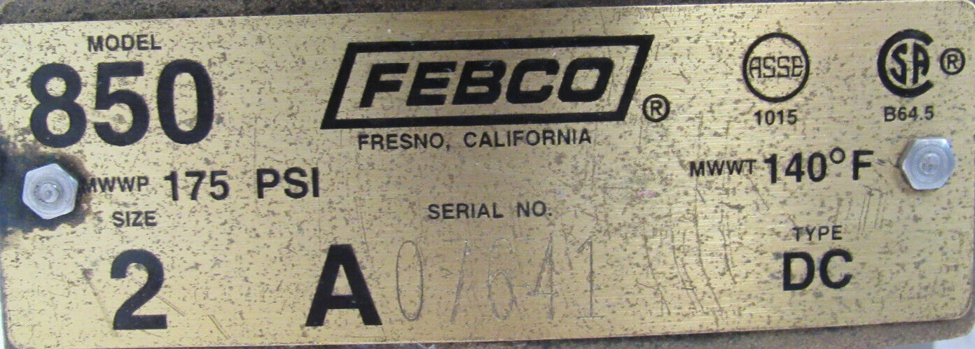 NEW FEBCO 850 DOUBLE CHECK BACK FLOW PREVENTER ASSEMBLY 2" TYPE DC - SB ...