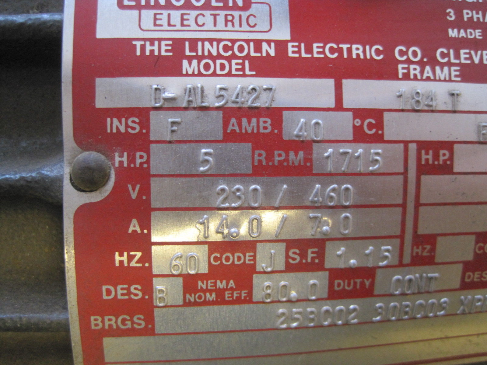NEW LINCOLN ELECTRIC D-AL5427 MOTOR 5HP 184T FRAME - SB Industrial ...