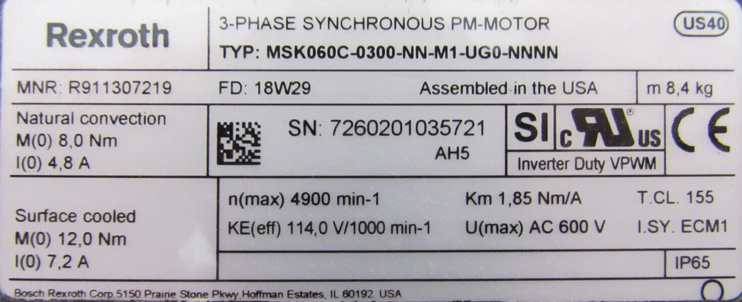 NEW REXROTH R911307219 SERVO MOTOR MSK060C-0300-NN-M1-UG0-NNNN - SB ...