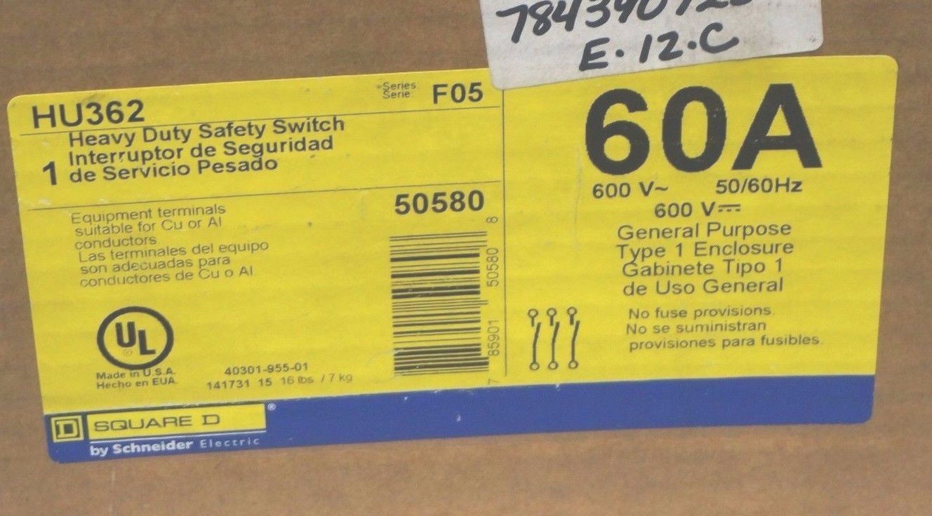 NEW SQUARE D HU362 SAFETY SWITCH 60A, 600V, 50/60HZ - SB Industrial ...