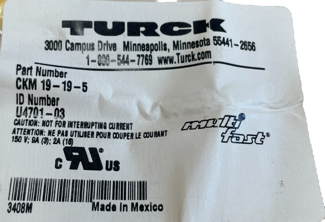 NEW TURCK CKM 19-19-5 CORDSET CABLE (U4701-03) CKM19195 - SB Industrial ...