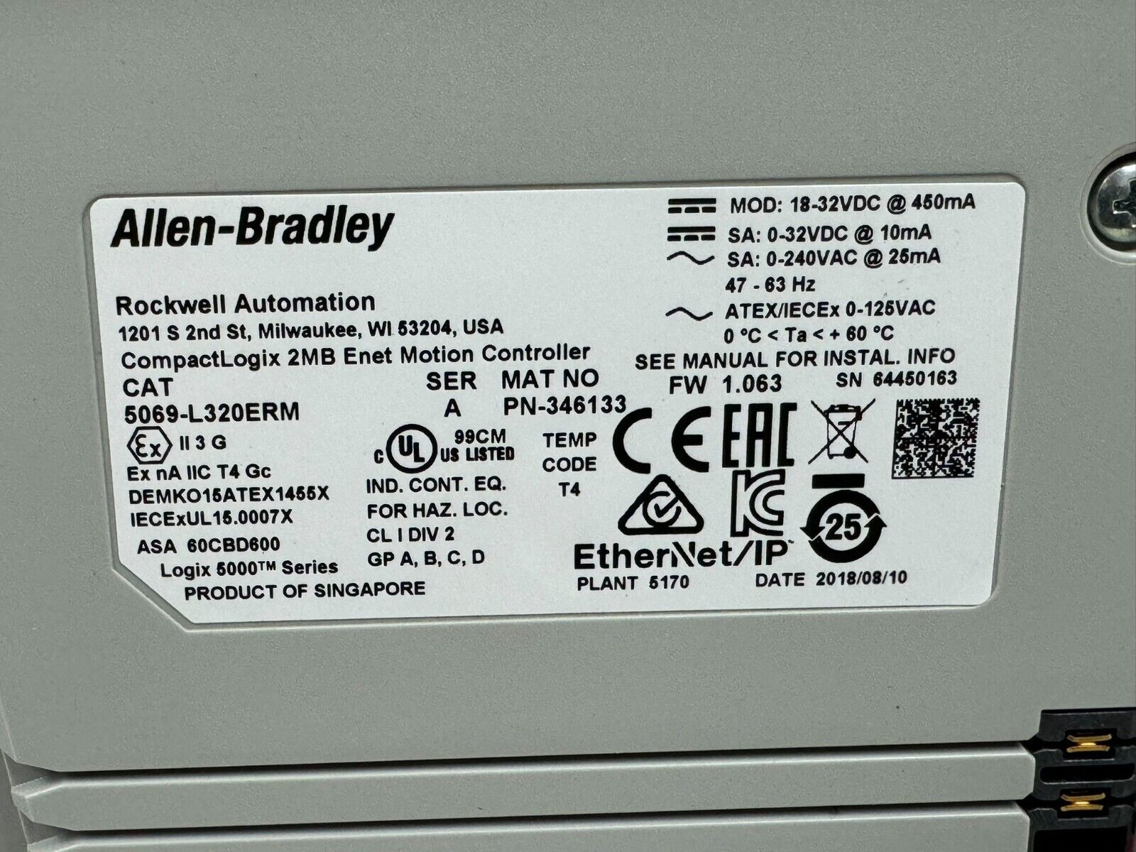 USED ALLEN BRADLEY 5069-L320ERM COMPACTLOGIX CPU MOTION CONTROLLER SER ...