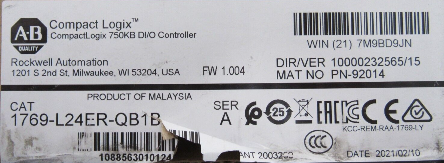 ALLEN BRADLEY 1769-L24ER-QB1B COMPACT LOGIX CONTROLLER SER.A NEW ...