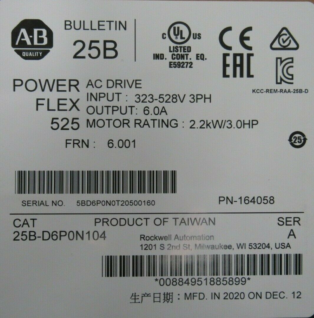 NEW ALLEN BRADLEY 25B-D6P0N104 POWERFLEX 525 SER.A FRN: 6.001 ...